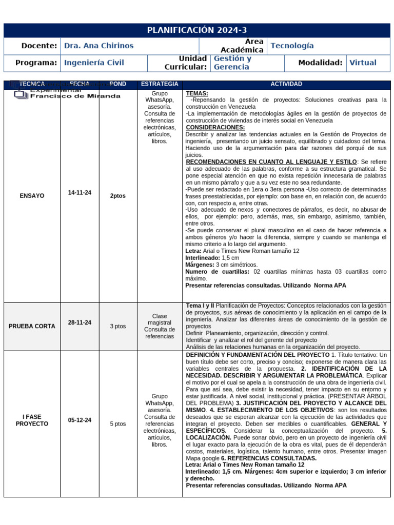 Planificación De Proyectos 2024 3 En Ingeniería Civil Pdf Conocimiento
