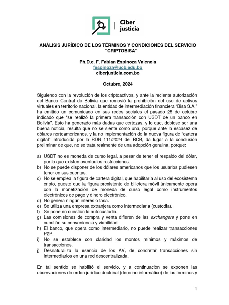 An Lisis Jur Dico T Rminos y Condiciones Serv CriptoBisa 1730298508 | PDF | Bancos | Moneda