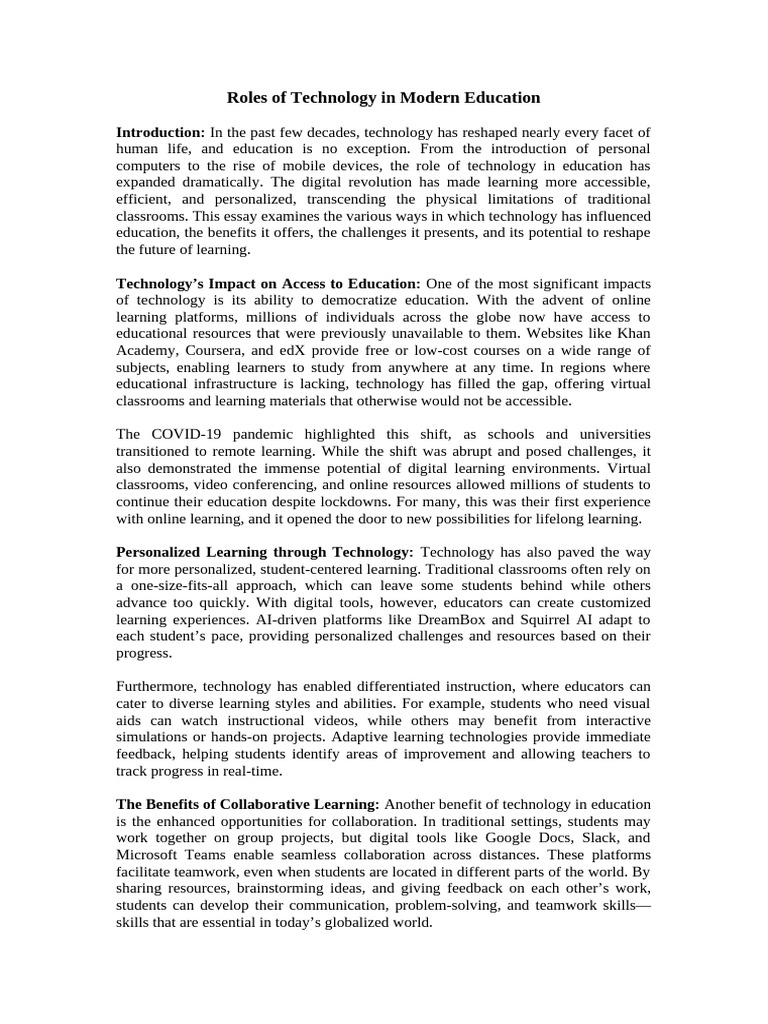 Roles of Technology in Modern Education | PDF | Educational Technology | Cognition