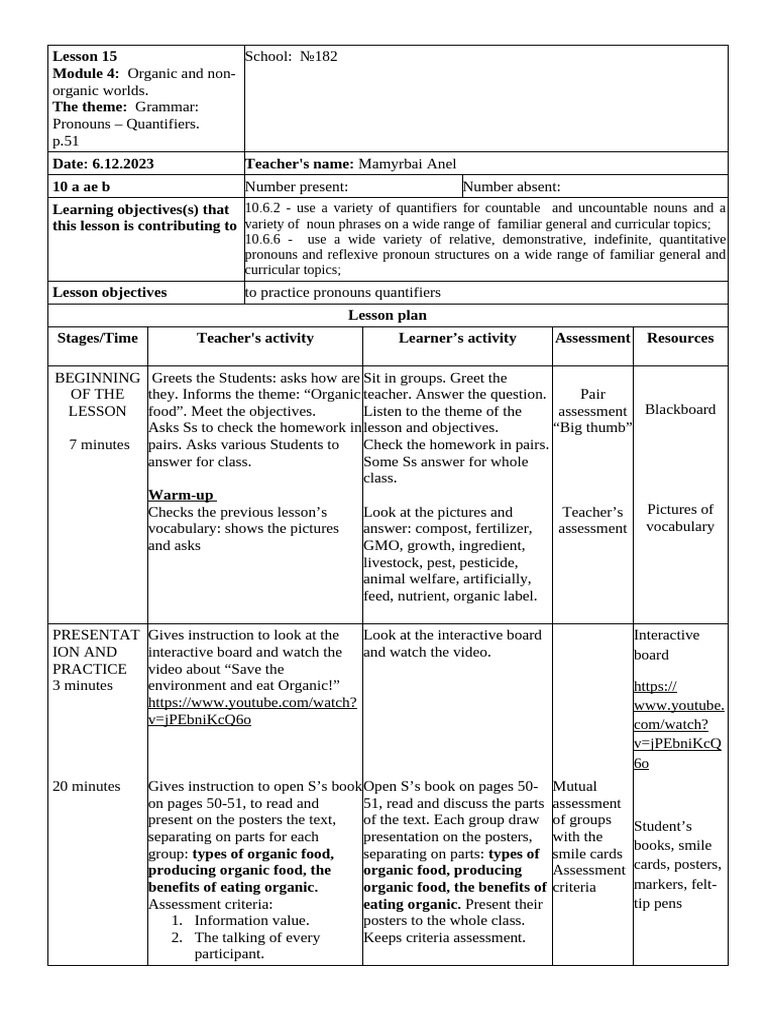 MAterm 2 Lesson Plan 15 The 10th Grade-NMD-1 | PDF | Pronoun ...