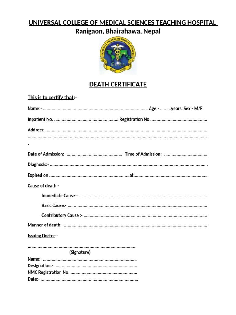 Death Certificate Format - Nepal Hospital | PDF