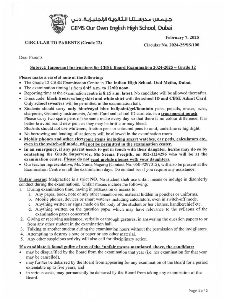 Circular to Parents (Grade 12) Important Instructions for CBSE Board Examination 2024-25 | PDF