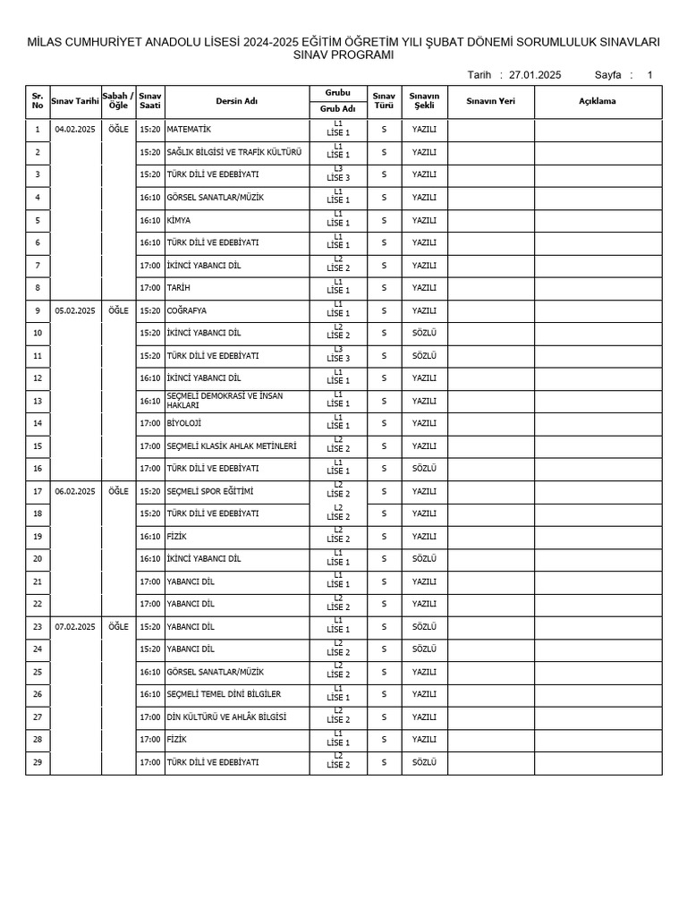 2024-2025 EĞİTİM ÖĞRETİM YILI ŞUBAT DÖNEMİ SORUMLULUK SINAVLARI SINAV PROGRAMI (1) | PDF