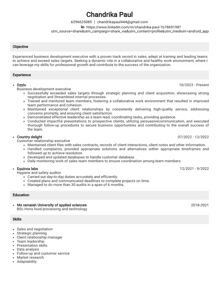Chandrika Paul_BDE_resume | PDF | Leadership | Sales