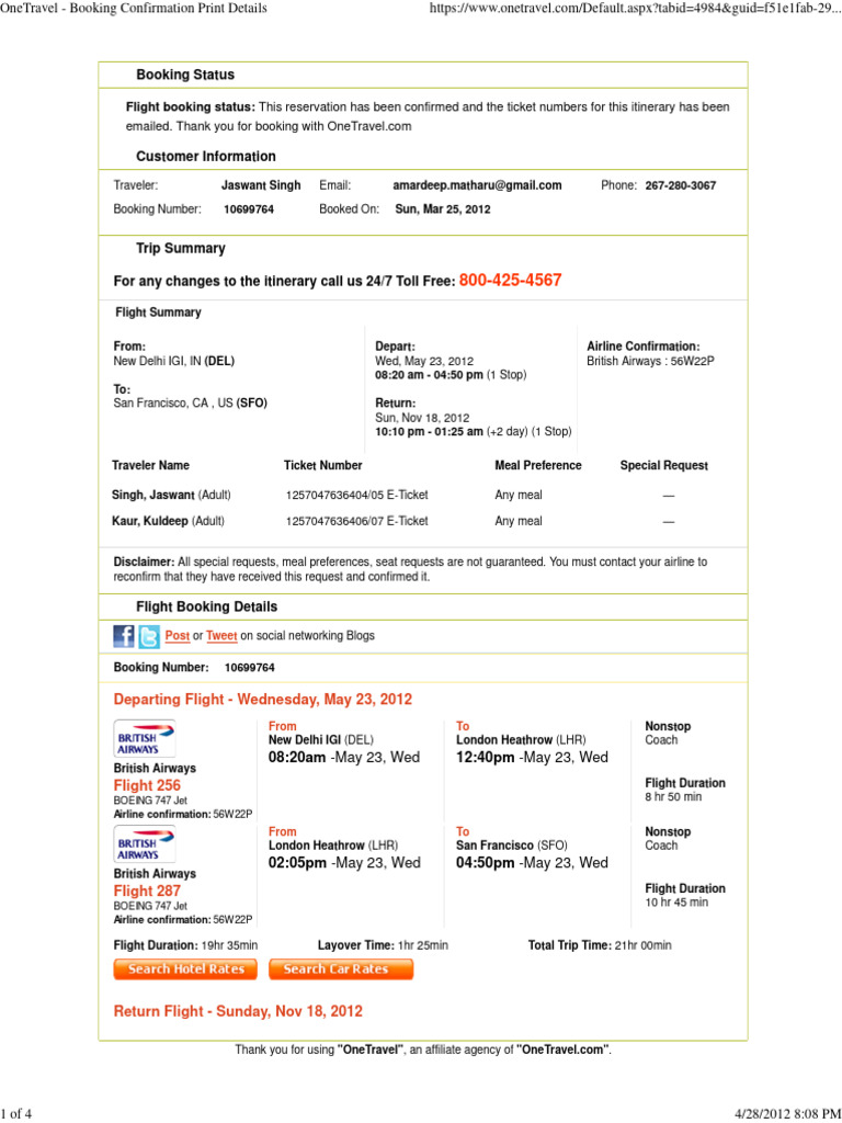98072299 OneTravel Booking Confirmation Print Details | PDF | Credit ...