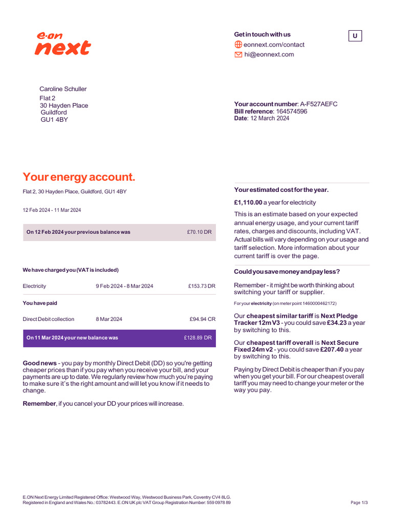 Eon Next Statement CAROL (FAKE) | PDF | Fuels | Value Added Tax