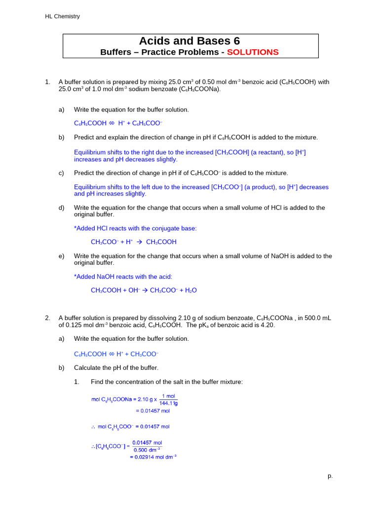 AcidBase6BuffersProblems (2025) SOLUTIONS | PDF | Buffer Solution | Acid