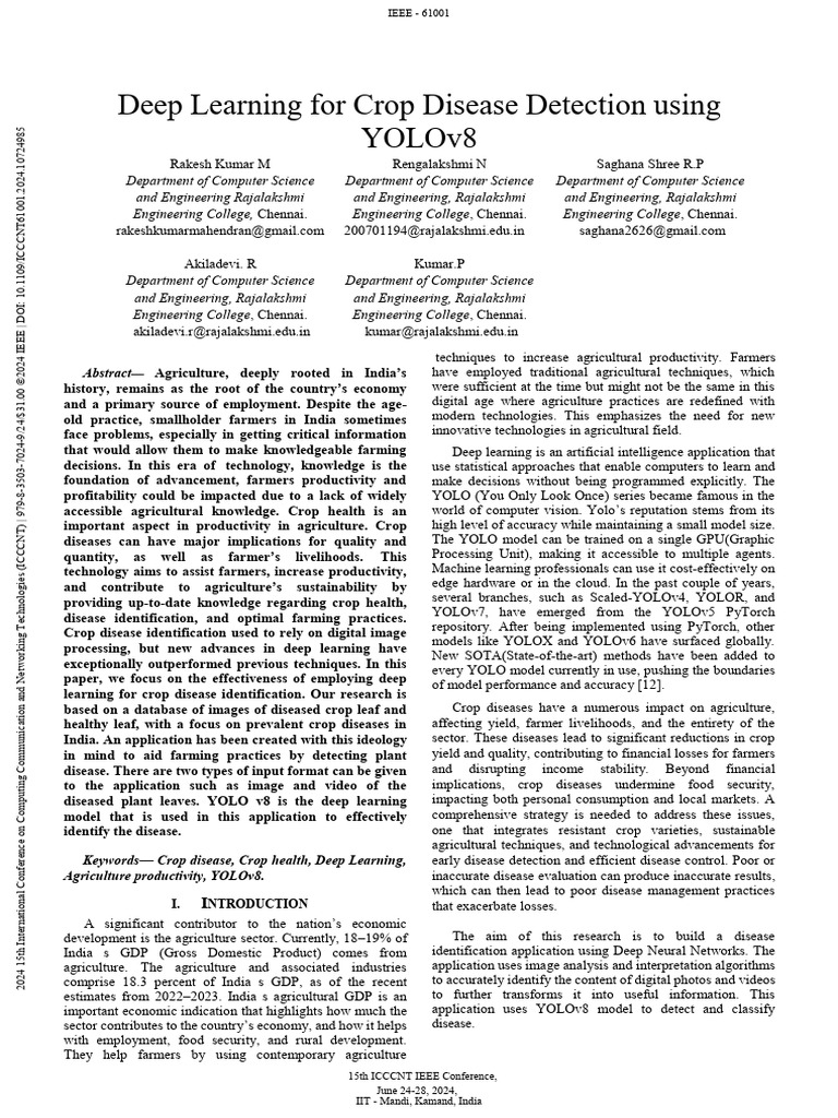 Deep Learning For Crop Disease Detection Using Yolov8 Pdf