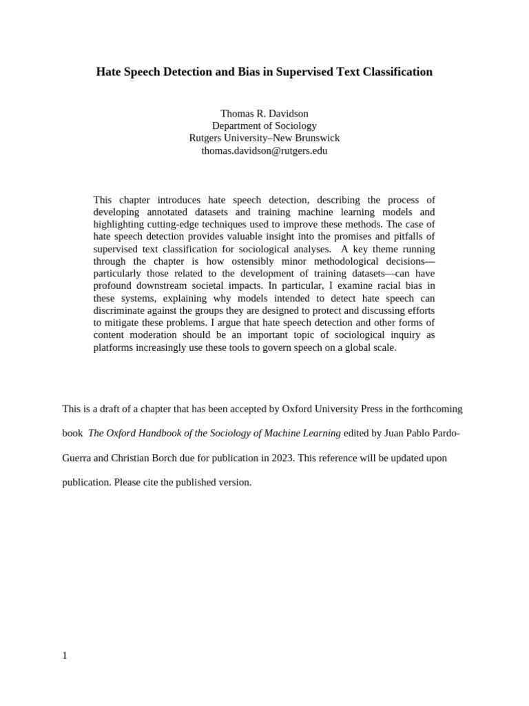 Hate Speech Chapter Final Preprint | PDF | Machine Learning | Hatred
