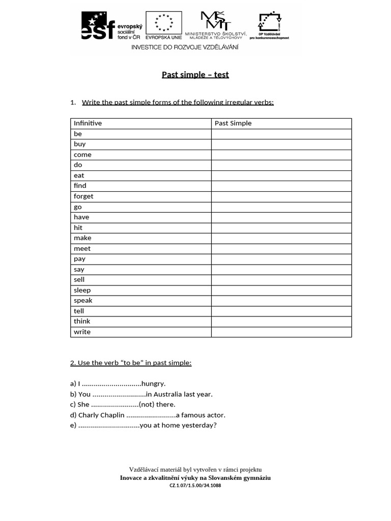 21 Past Simple Test 1 | PDF