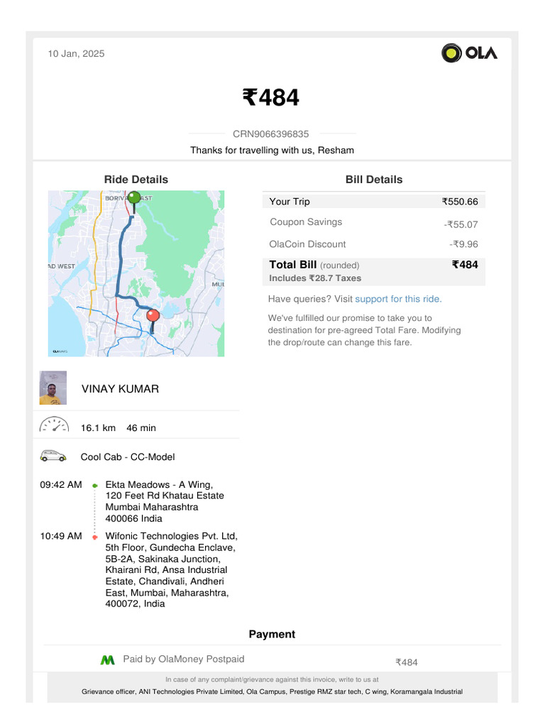 Ola Cab Invoice for Vinay Kumar Trip | PDF | Invoice | Payments