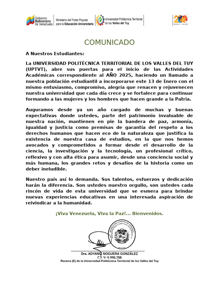 Comunicado UPTVT-Inicio Actividades Academicas 2025 | PDF