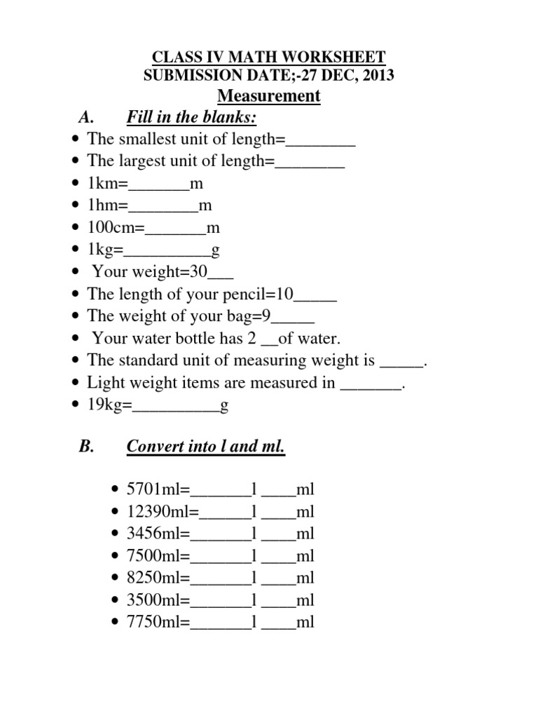 CBSE Class 4 Maths Revision Worksheet (103) - Measurement | PDF