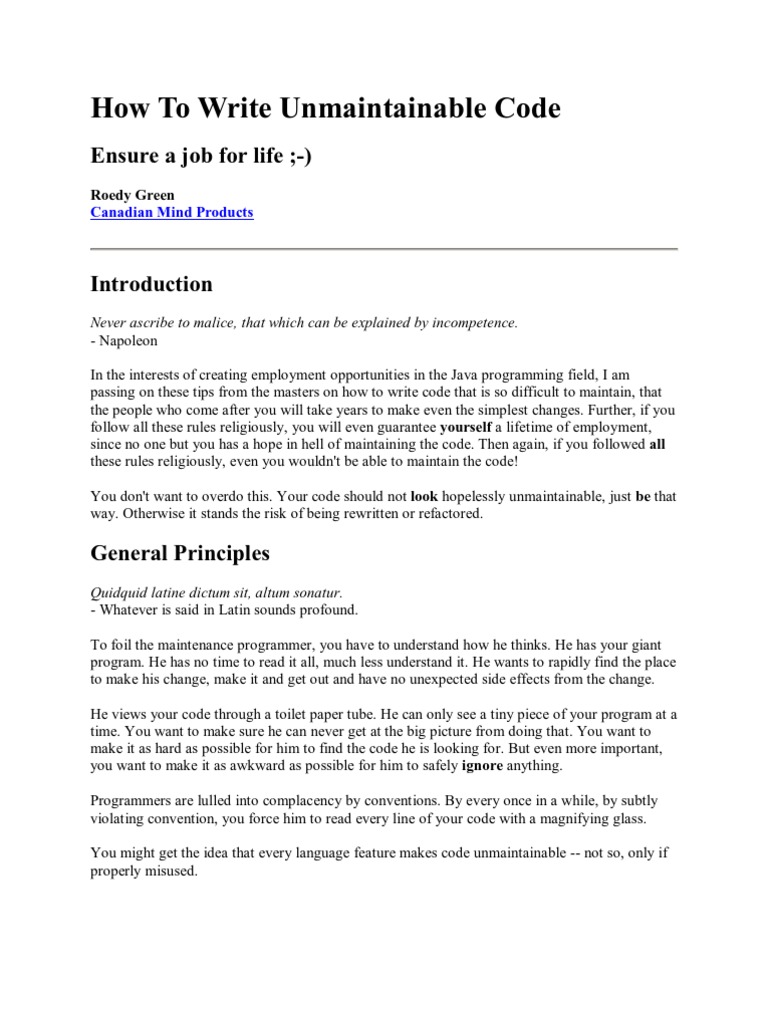 How To Write Unmaintainable Code | PDF | Class (Computer Programming ...