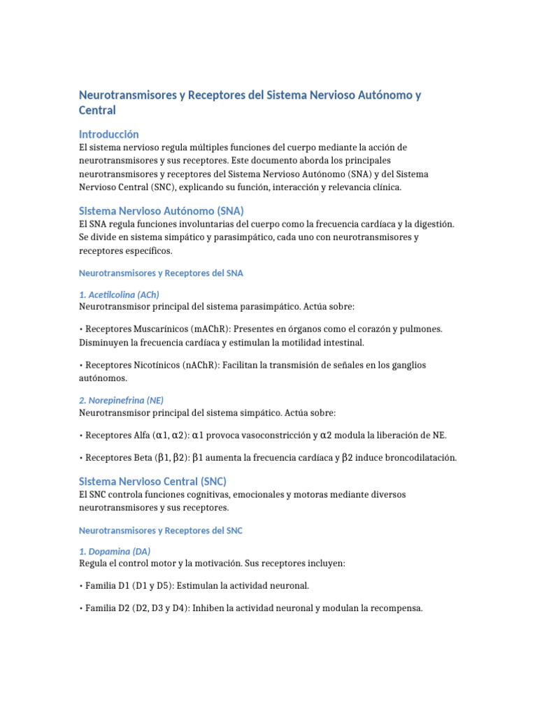 Neurotransmisores SNA SNC | PDF | Serotonina | Acetilcolina