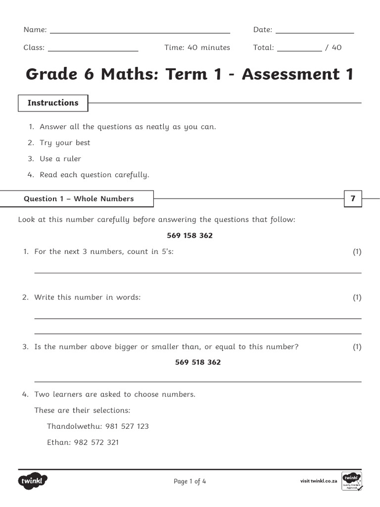 Za M 1717704882 Grade 6 Term 1 Assessment 1 Maths - Ver - 2 | PDF ...