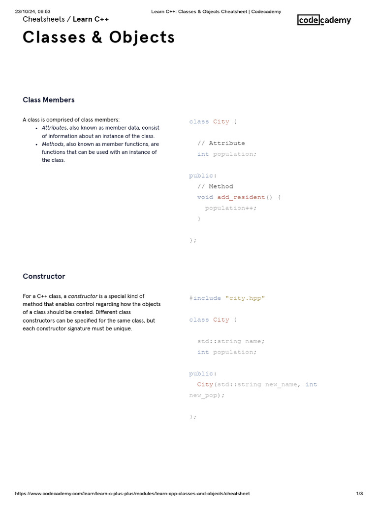 Learn C++ - Classes & Objects Cheatsheet - Codecademy | PDF | Class (Computer Programming ...