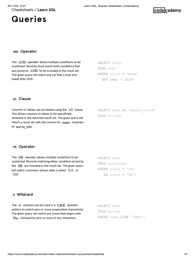 Learn SQL_ Queries Cheatsheet _ Codecademy | PDF | Computing | Data Management