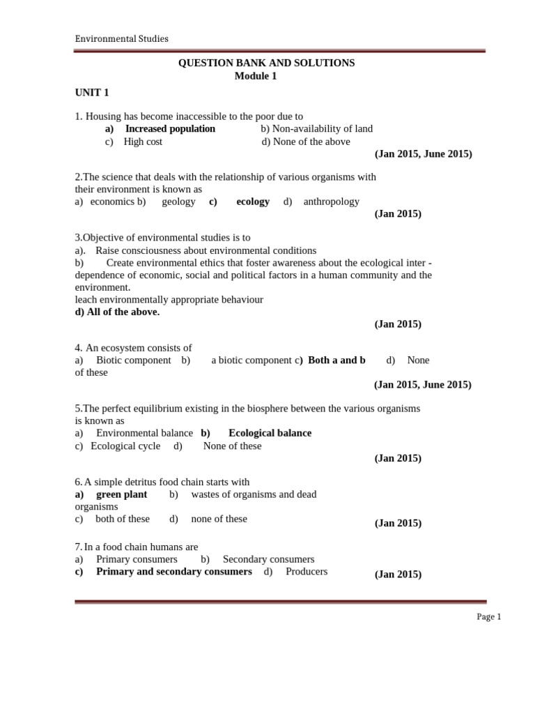 Environmental Studies Question Bank | PDF | Climate Change | Ecosystem