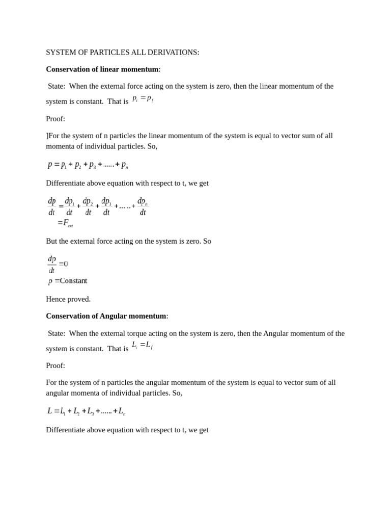 System of Particles All Derivations | PDF