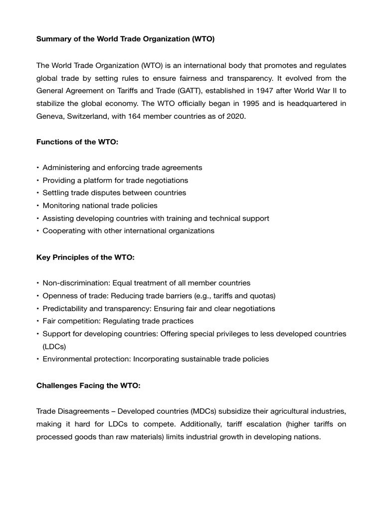 Summary of The World Trade Organization (WTO) | PDF
