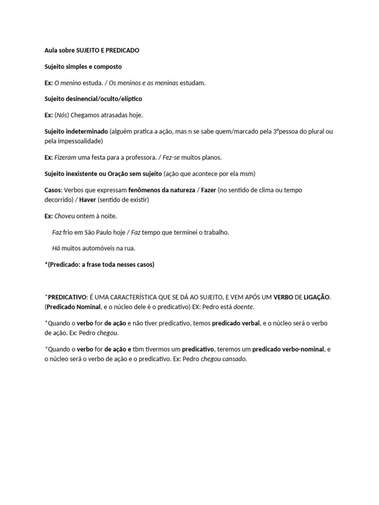 Sujeito e Predicado: Tipos e Exemplos | PDF