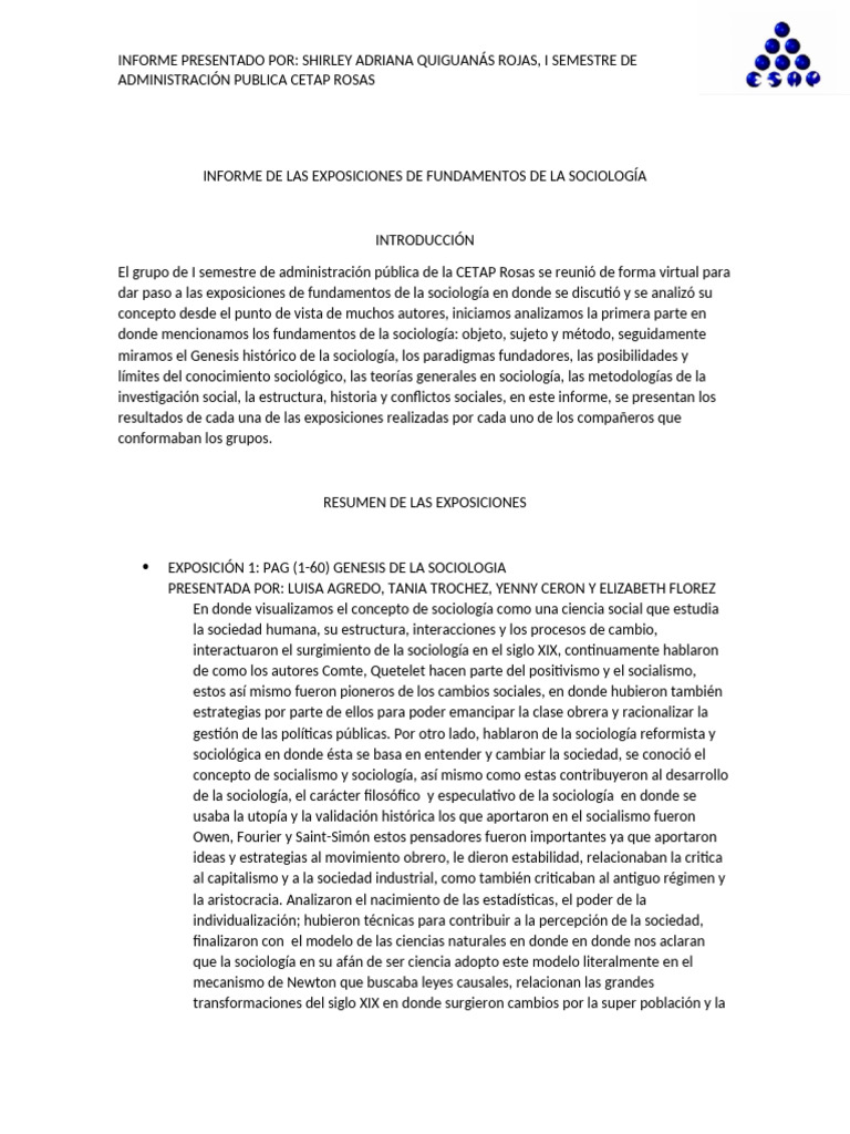 Informe de Las Exposiciones de Fundamentos de La Sociología | PDF | Sociología | Sociedad