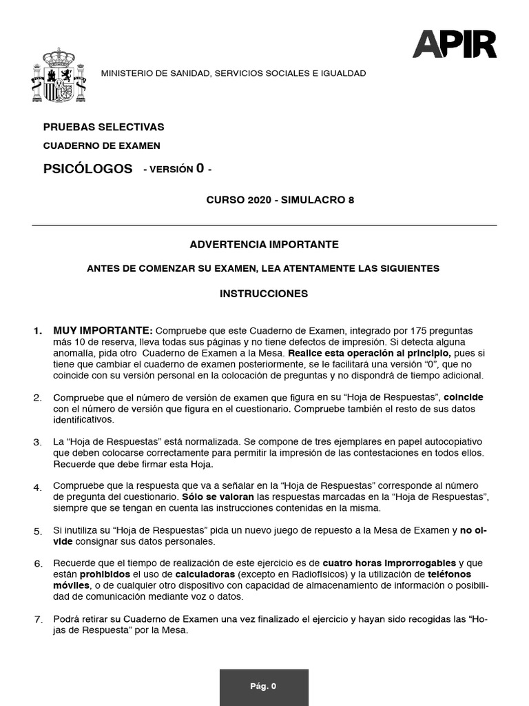 Apir. Simulacro 8. 01-Examen | PDF | Trastorno depresivo mayor | Depresión (estado de ánimo)