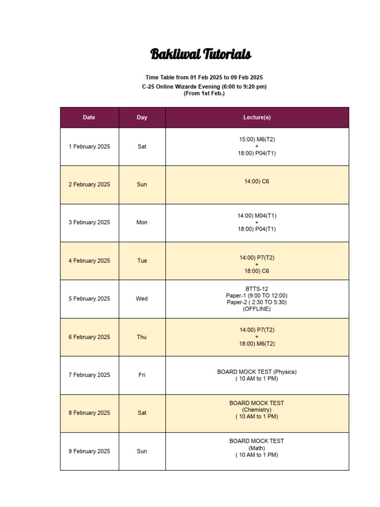 Bakliwal Tutorials Feb 2025 Time Table | PDF