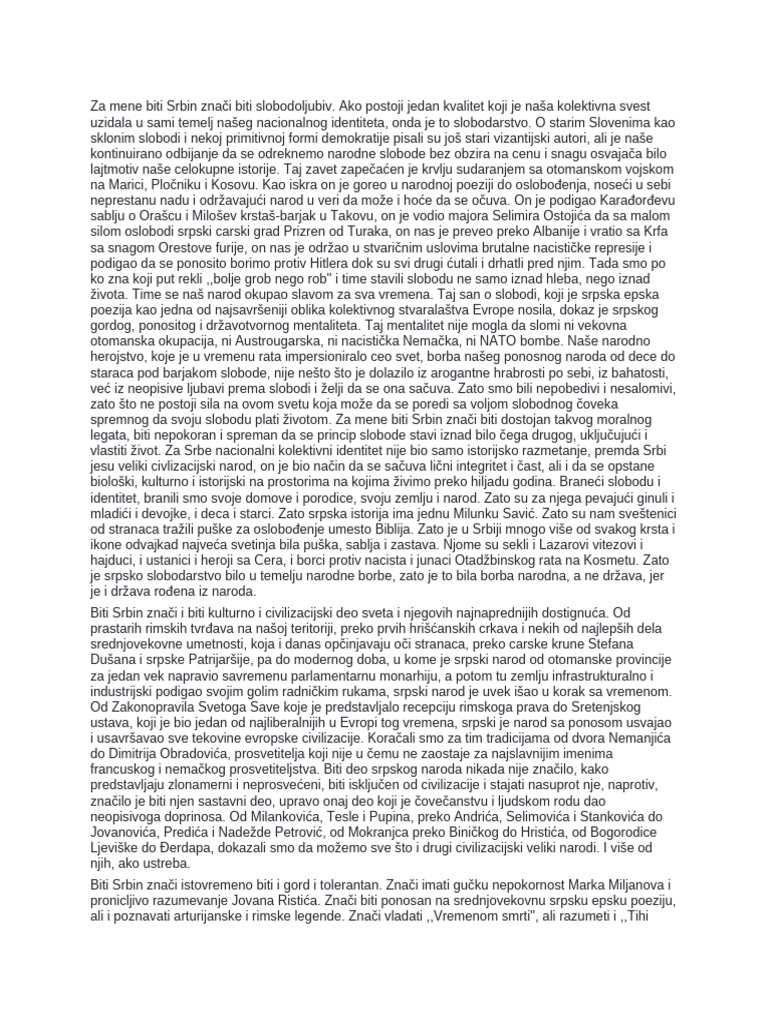 Za Mene Biti Srbin Znači Biti Slobodoljubiv | PDF