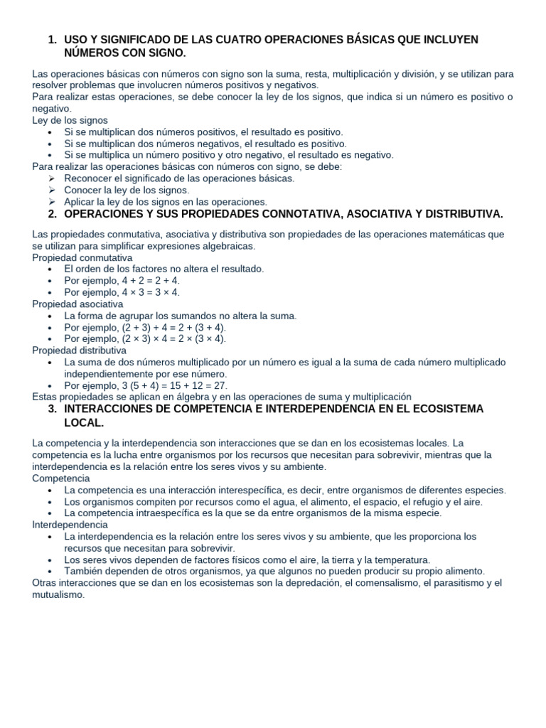Uso y Significado de Las Cuatro Operaciones Básicas Que Incluyen ...