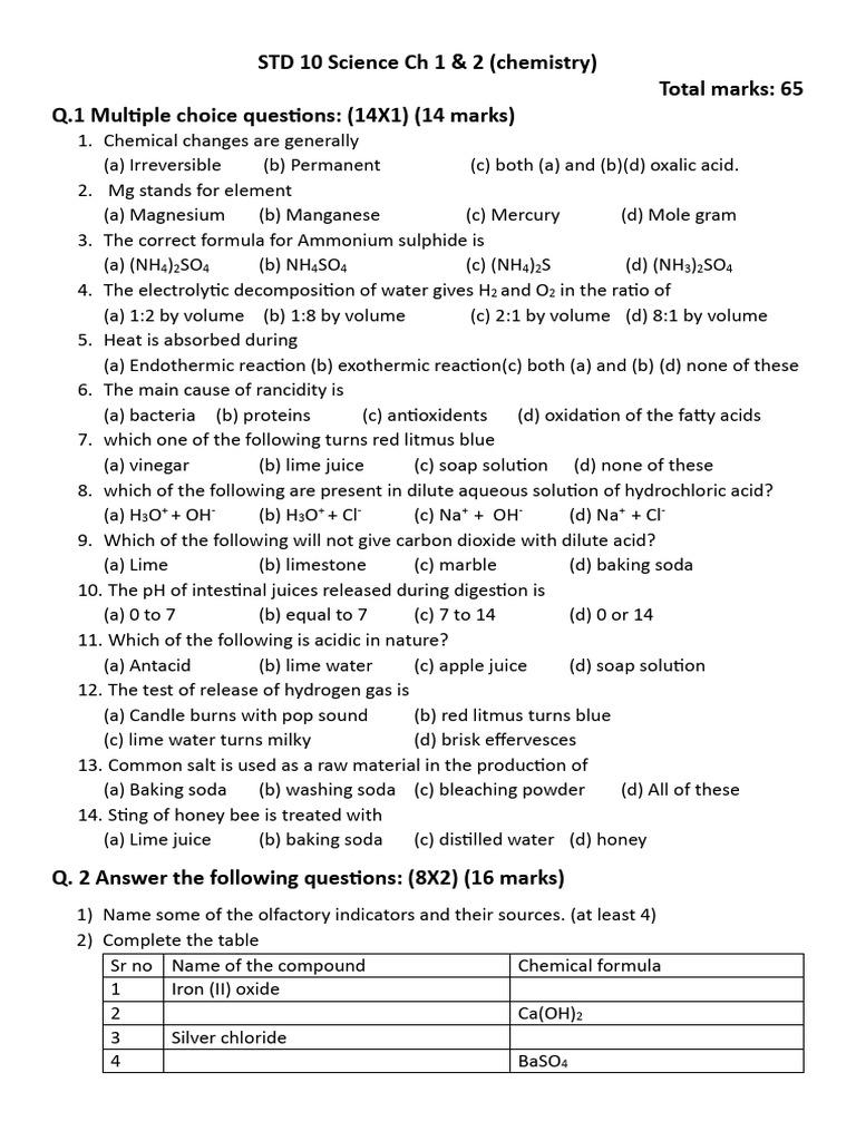 10 Sci CH 1 & 2, Chemical Reactions and Equn, Acid, Base and Salt | PDF ...