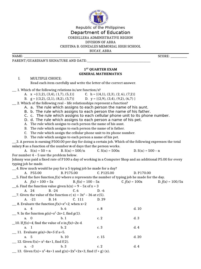 General Mathematics 1st Quarter Exam | PDF | Asymptote | Mathematical ...