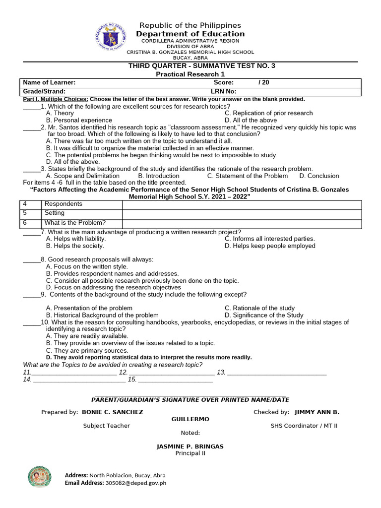 Practical Research Summative Test - Abra | PDF | Intelligence | Cognition