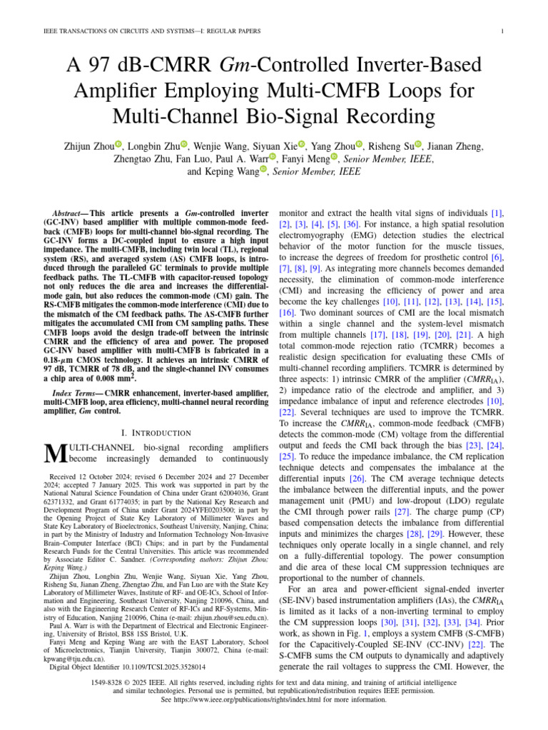 A 97 DB-CMRR Gm-Controlled Inverter-Based Amplifier Employing Multi ...