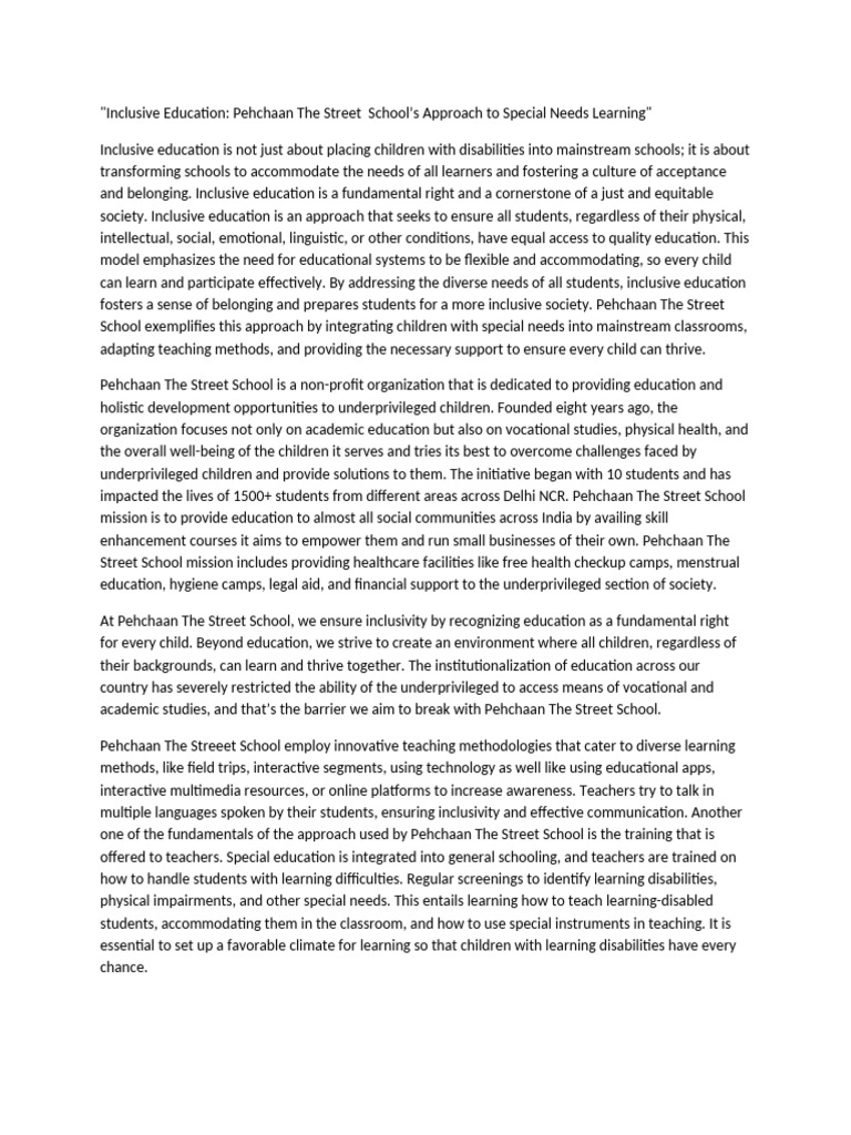Pehchaan School's Inclusive Education Model | PDF | Inclusion ...
