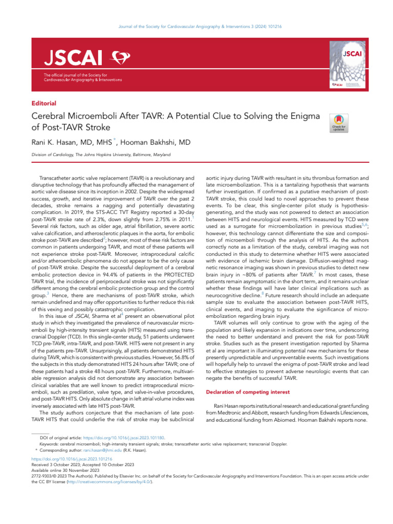 Cerebral Microemboli After TAVR a Potential Clue | PDF | Stroke | Heart