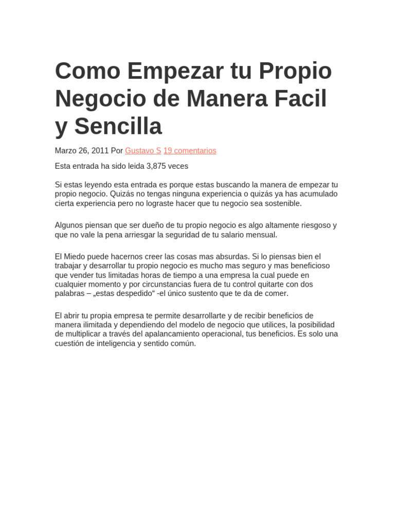 Como Empezar tu Propio Negocio de Manera Facil y Sencilla | PDF ... Como Empezar tu Propio Negocio de Manera Facil y Sencilla | PDF ...