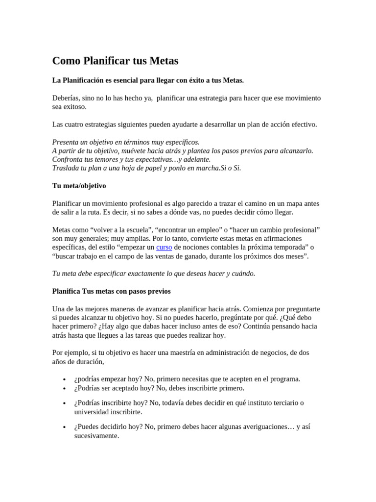 Como Planificar tus Metas y perder el mido inicial | PDF | Plan de ...