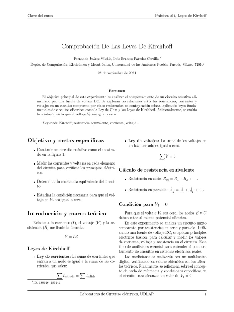 Practica de Laboratorio 4 Circuitos Eléctricos Comprobación de Las Leyes de Kirchhoff | PDF ...