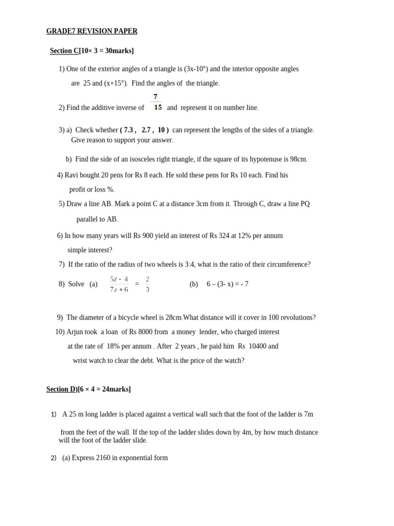 Grade7 Revision Paper Section C (10× 3 30marks) | PDF