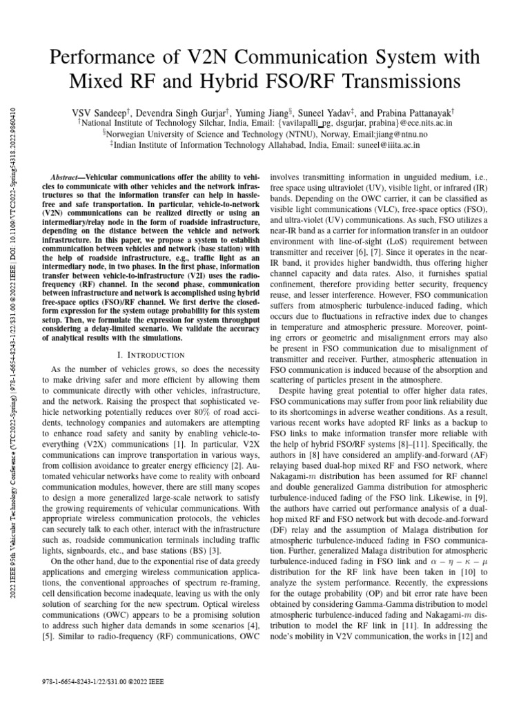 Performance of V2N Communication System With Mixed RF and Hybrid FSO RF ...