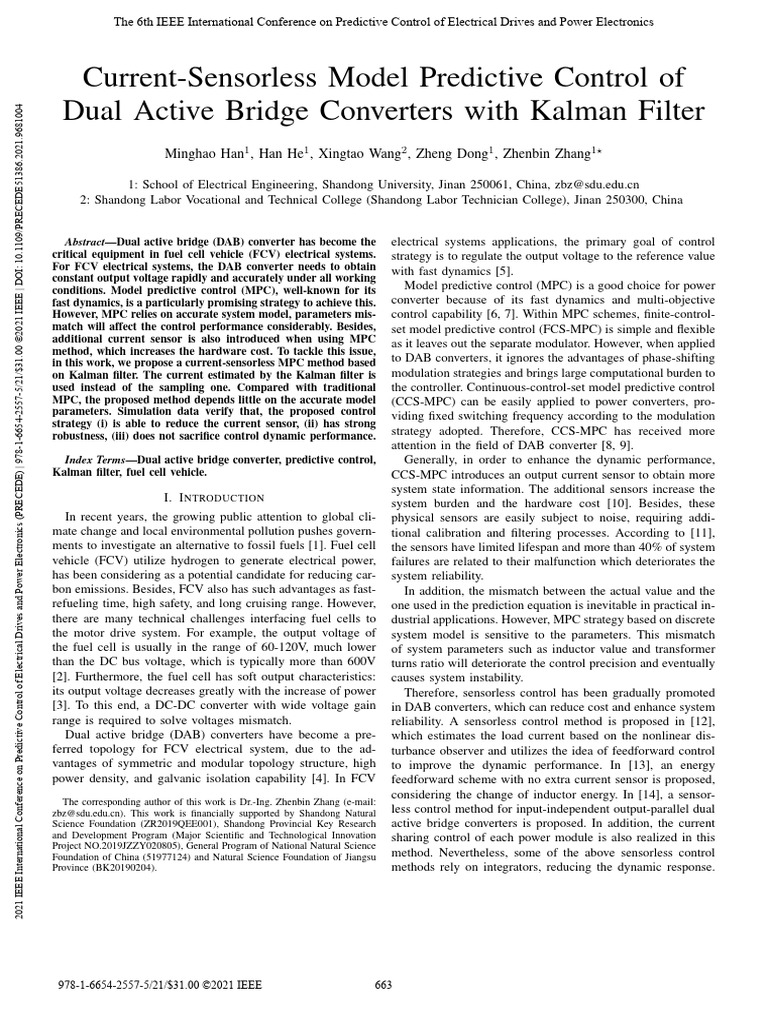 Current-Sensorless Model Predictive Control of Dual Active Bridge Converters With Kalman Filter ...