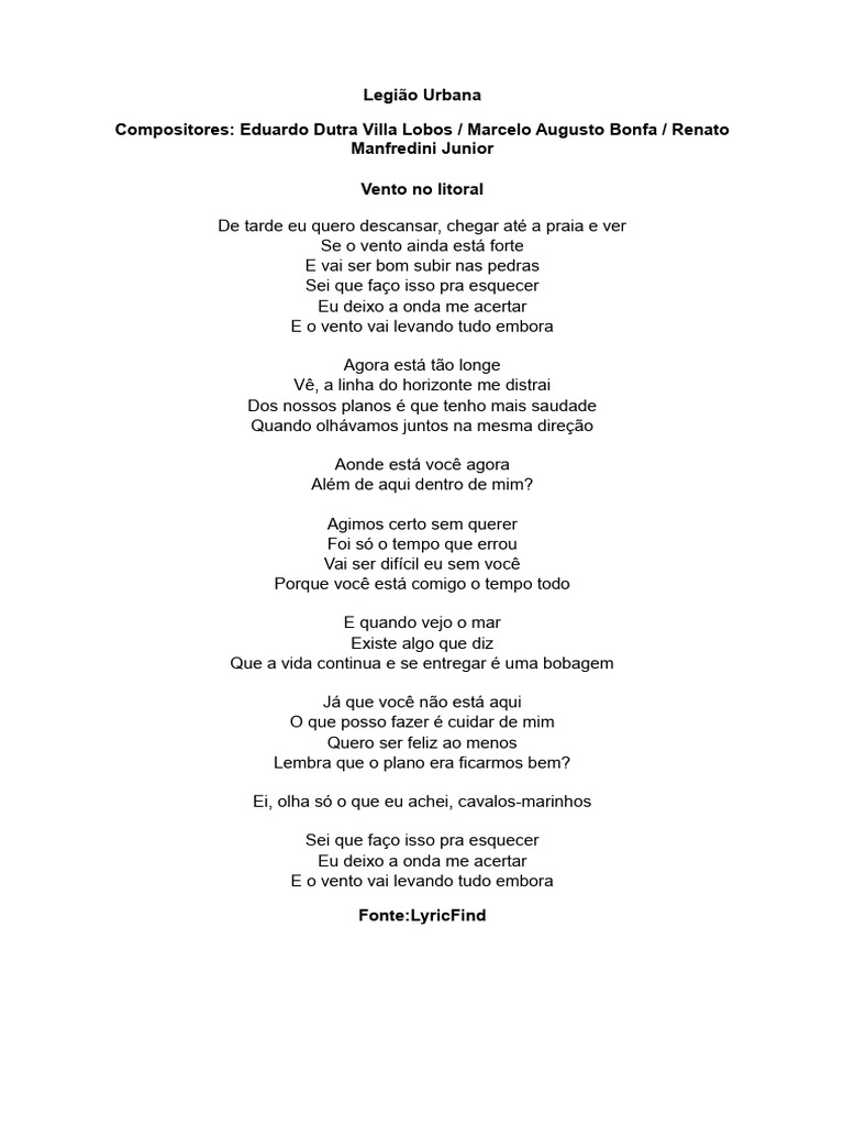 Letra Da Música Vento No Litoral PDF | PDF