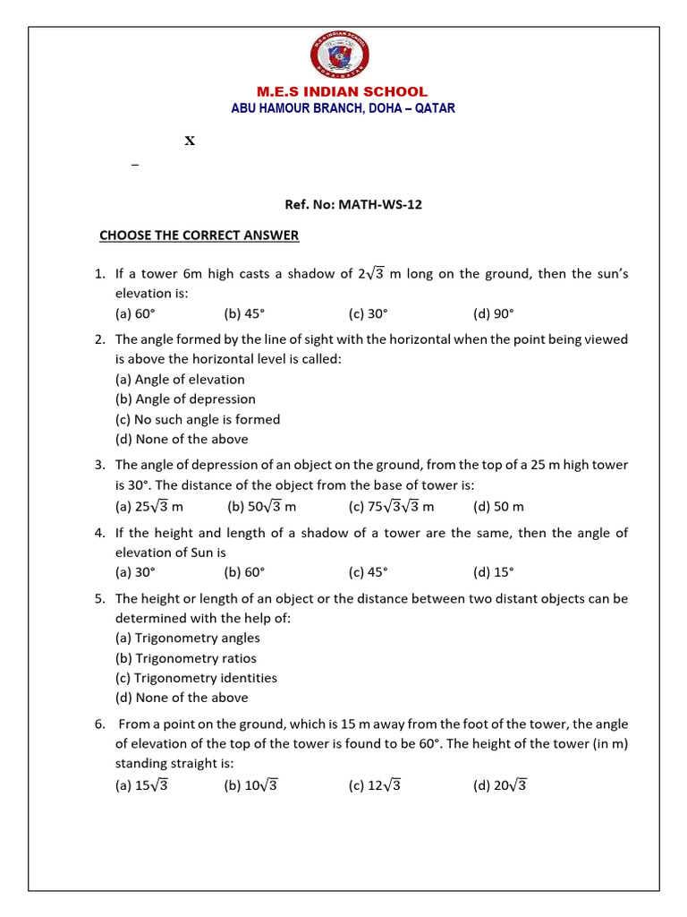 Trigonometry Applications Worksheet Grade 10 | PDF | Trigonometry | Tower