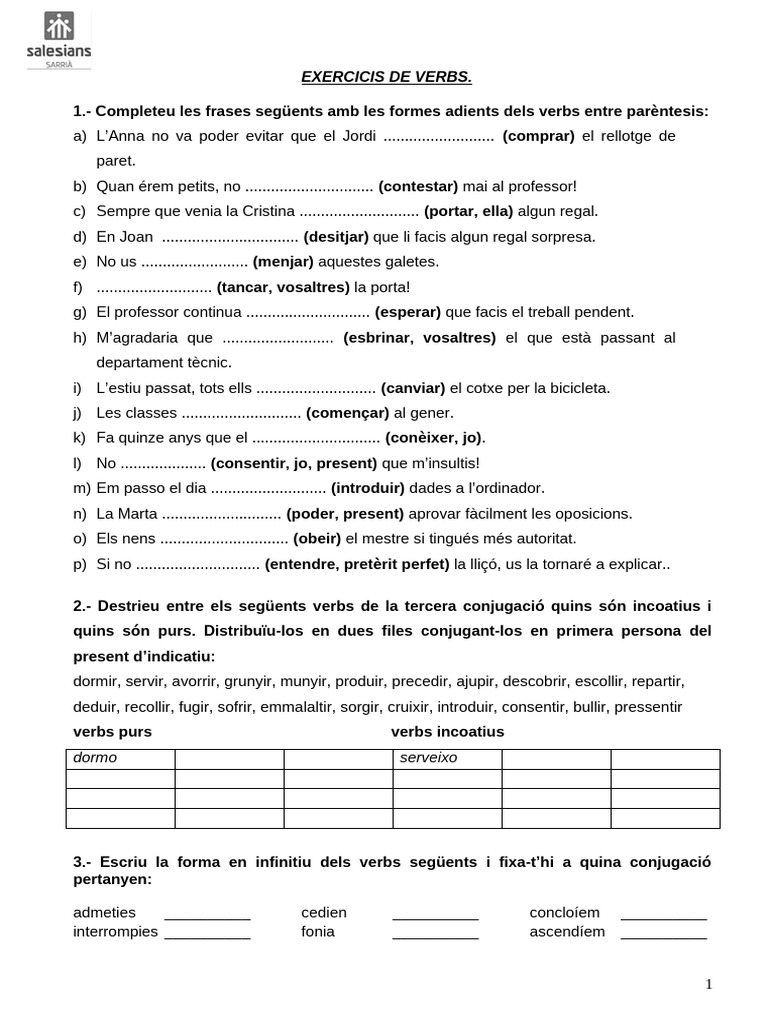 23-24 Exercicis Verbs | PDF