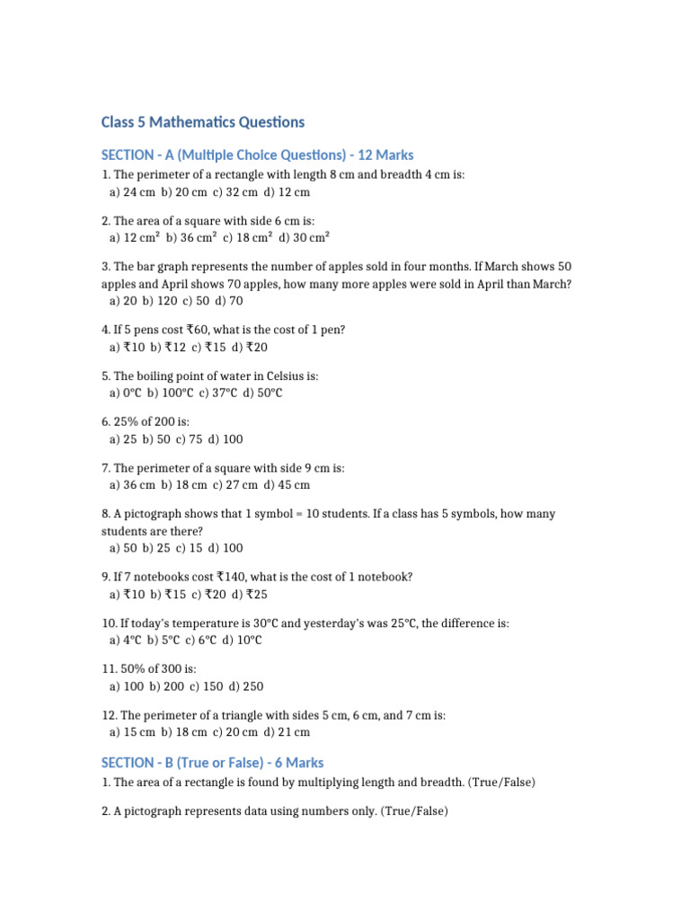 Class 5 Maths Exam Questions | PDF | Area | Length