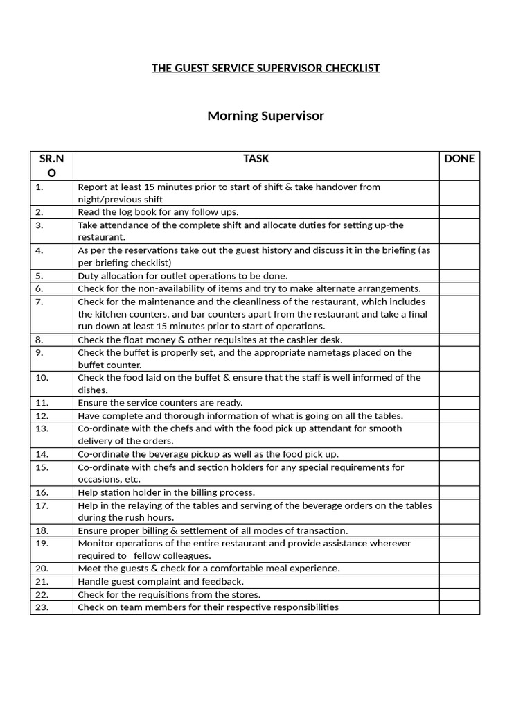 Checklists For CH | PDF | Restaurants | Chef