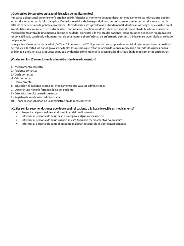 Qué son los 10 correctos en la administración de medicamentos | PDF