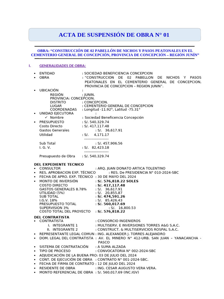 Acta de Suspension de Obra #01 | PDF